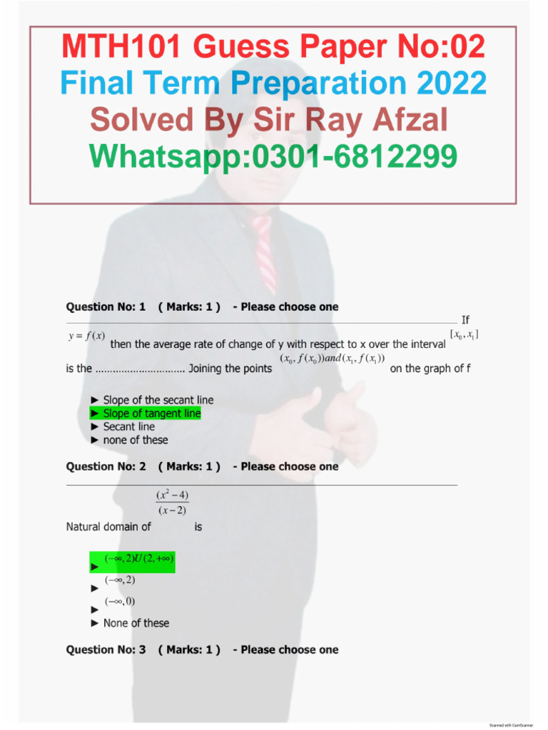 MTH101 Final Term Guess Paper No-02 by Sir Ray Afzal | PDF