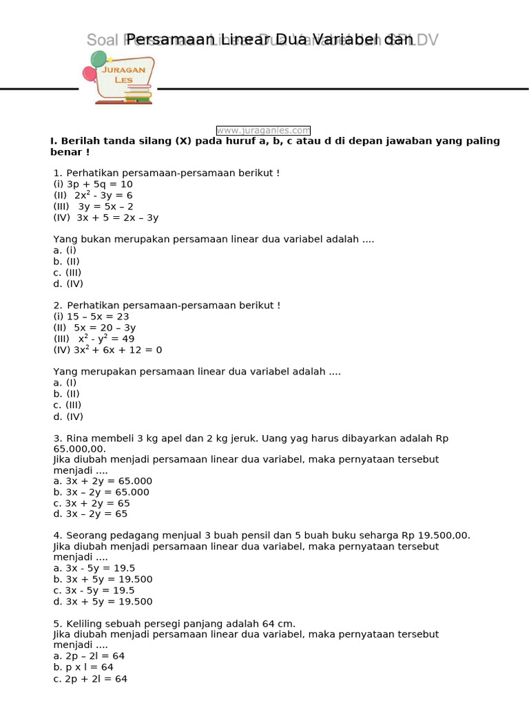 Soal Persamaan Linear Dua Variabel (SPLDV) | PDF