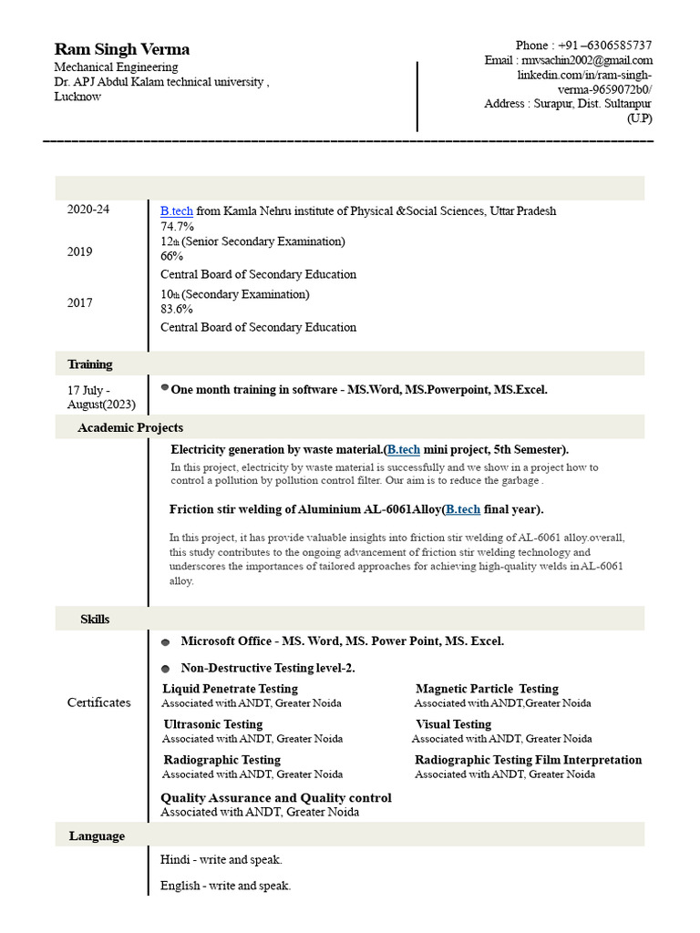 Ram Singh NDT & QC Resume for Fresher | PDF