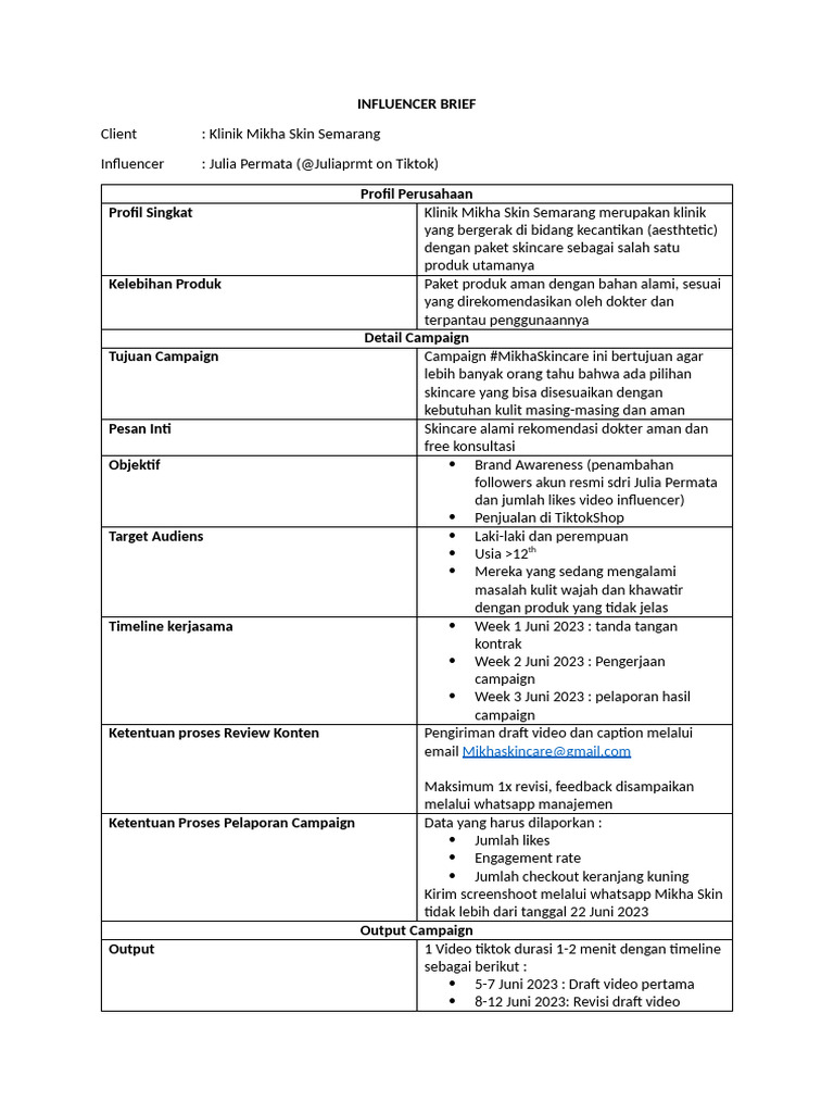 Brief Influencer untuk Klinik Mikha Skin | PDF