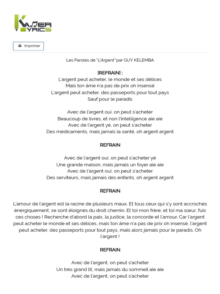 Les Paroles de L'Argent - GUY KELEMBA - Kamer Lyrics | PDF