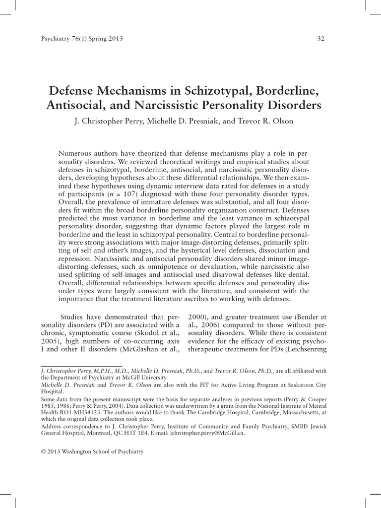 Defense Mechanisms in Schizotypal, Borderline, Antisocial, and ...