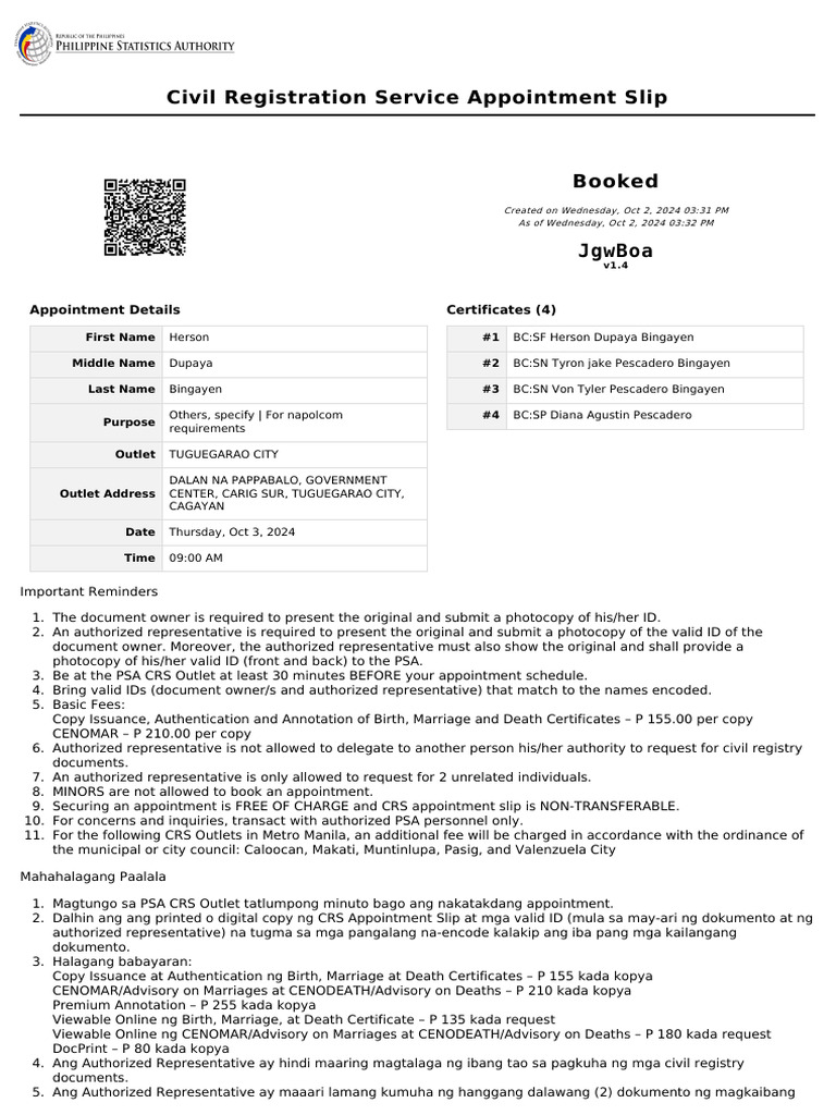 Civil Registration Service Appointment Slip: Jgwboa | PDF