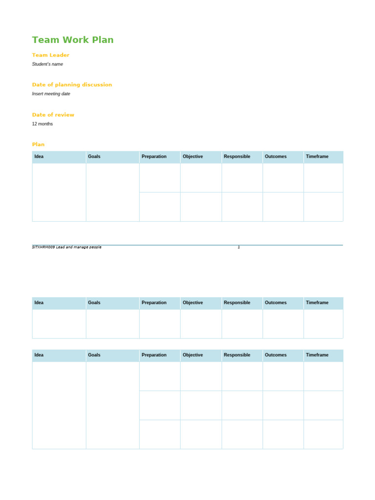 SITXHRM009 Team Work Plan Template | PDF
