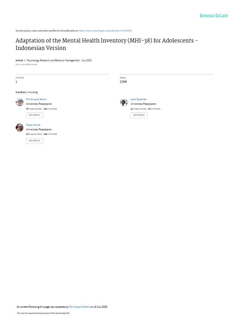 PRBM 412460 Adaptation of The Mental Health Inventory Mhi 38 For Adole | PDF