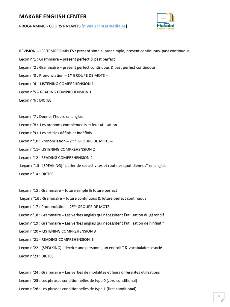 Programme Cours (Intermediaire) | PDF