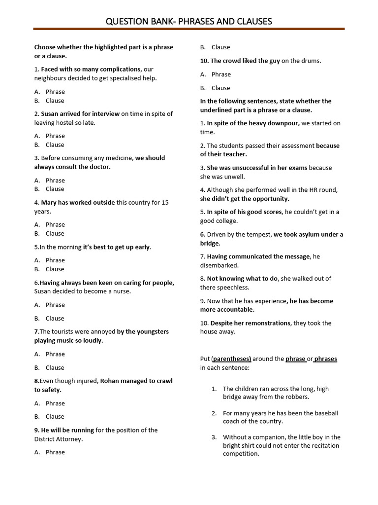 Phrases & Clauses Question Bank | PDF