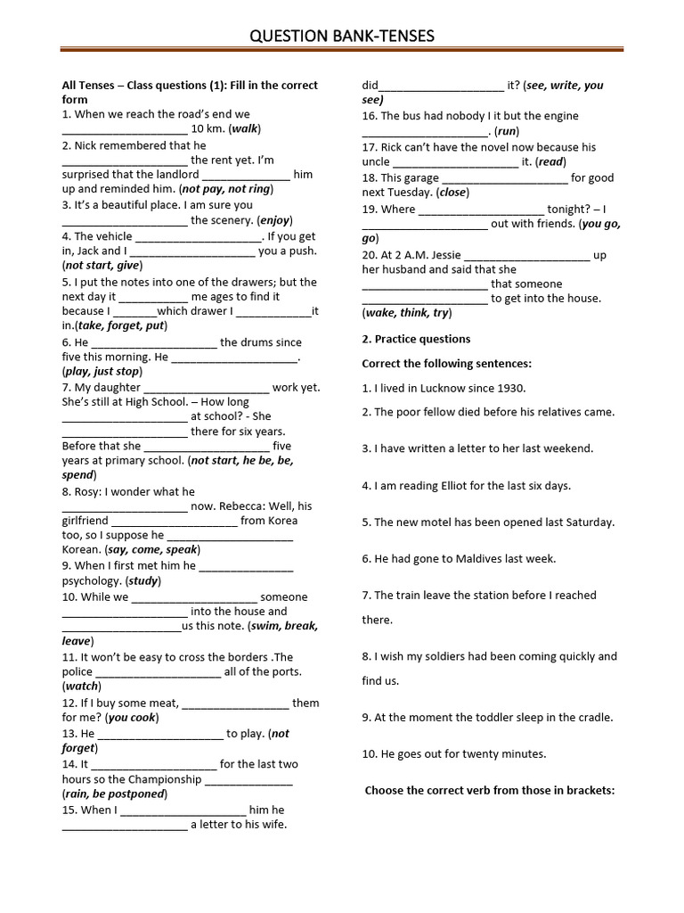Tenses Question Bank | PDF