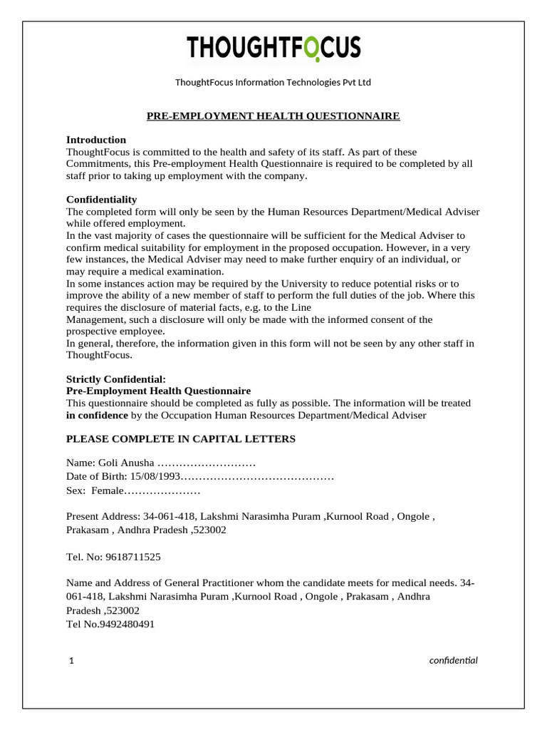 TF - Mys - Pre-Employment Health Questionnaire | PDF