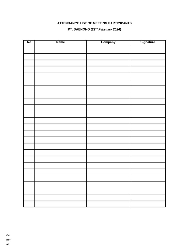 Attendance List of Meeting Participants Pt. Daenong | PDF