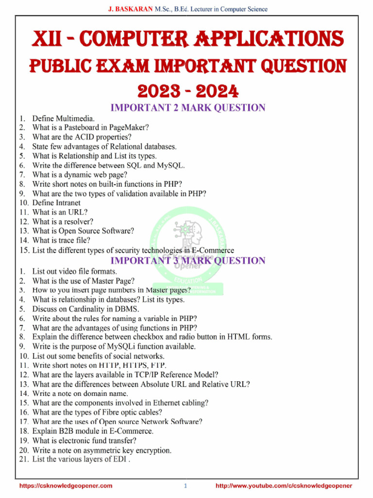 Xii CA em Public Exam Important Question 2023 2024 | PDF