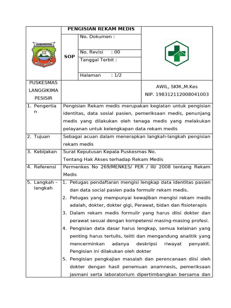 SOP Pengisian Rekam Medis | PDF