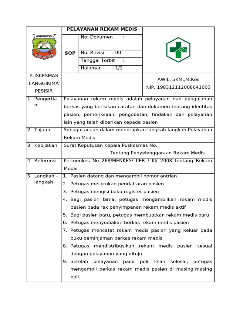 SOP Pelayanan Rekam Medis | PDF