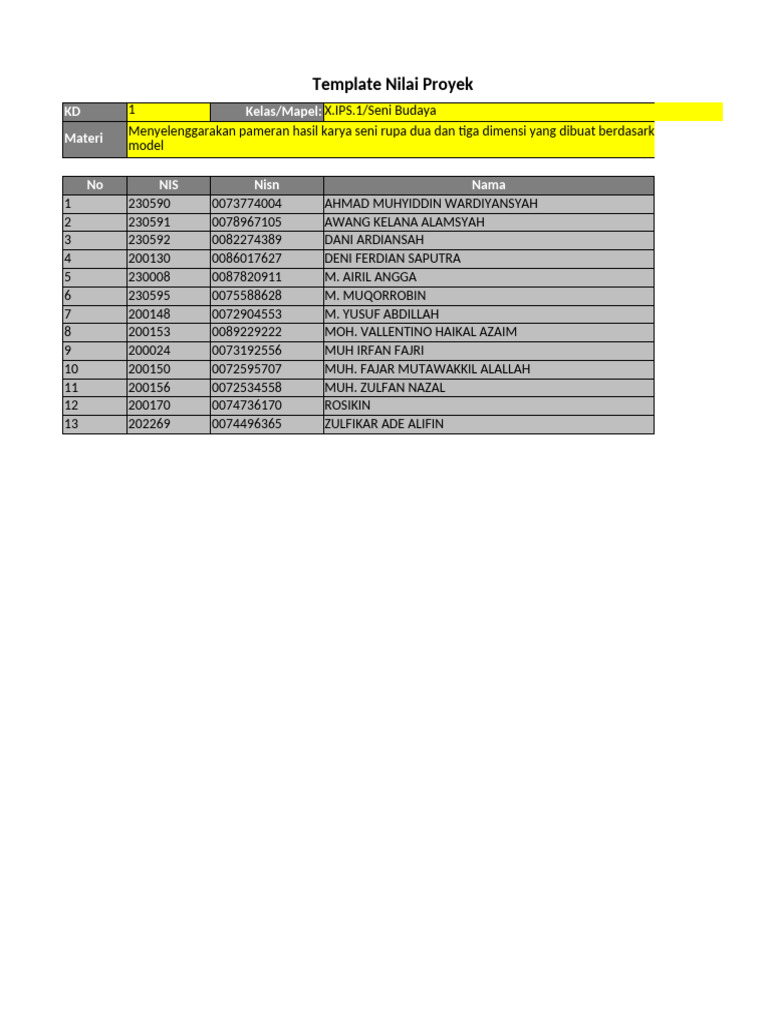 Template Nilai Proyek-X.IPS.1-Seni Budaya | PDF