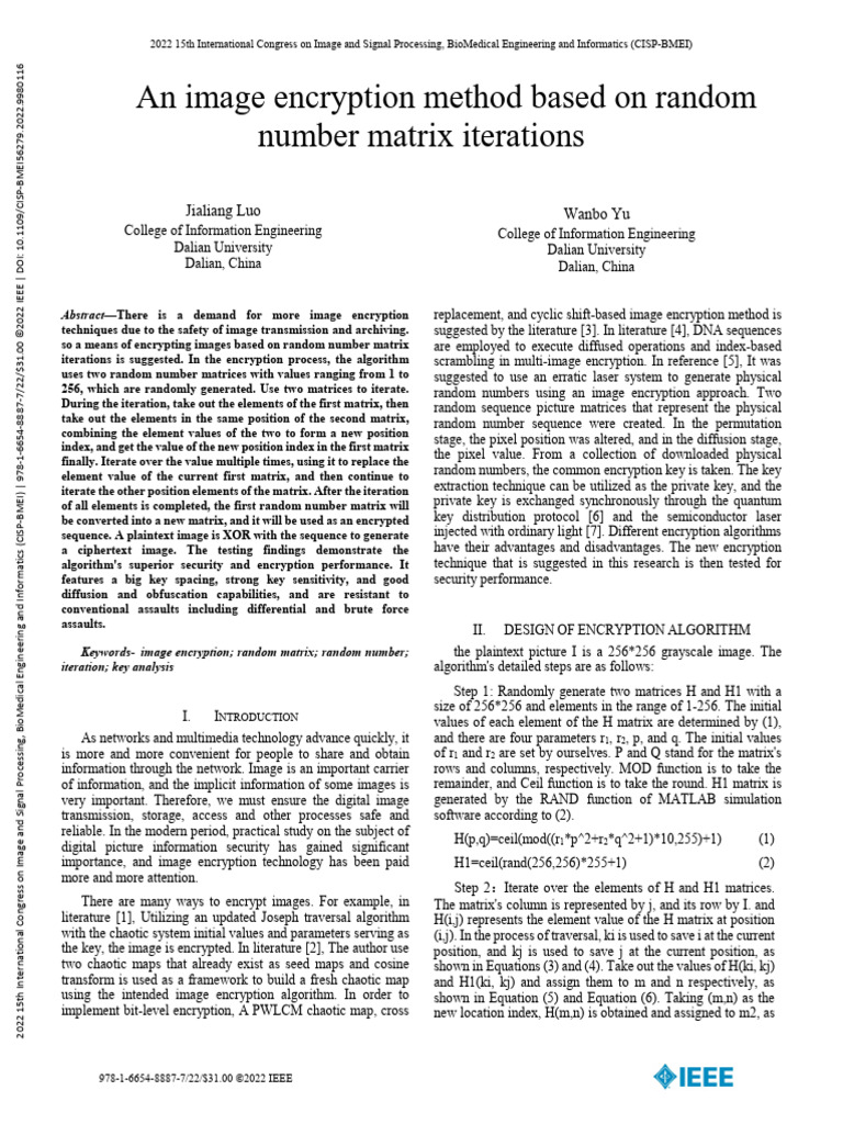An Image Encryption Method Based On Random Number Matrix Iterations | PDF