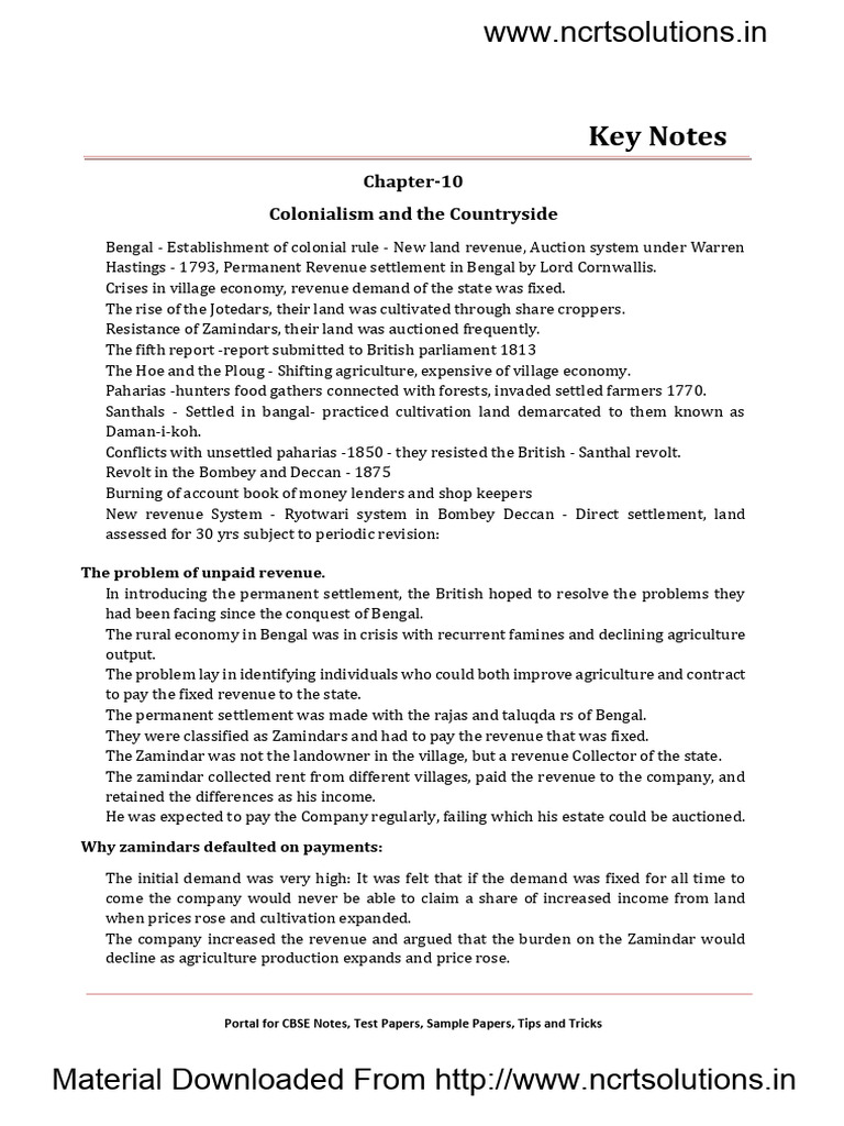 12 History Key Notes CH 10 Colonialism and The Countryside | PDF ...