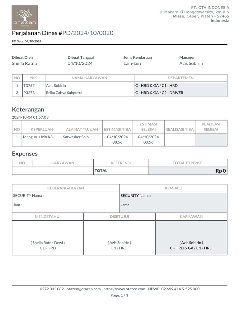 Perjalanan Dinas - PD - 2024 - 10 - 0020 | PDF