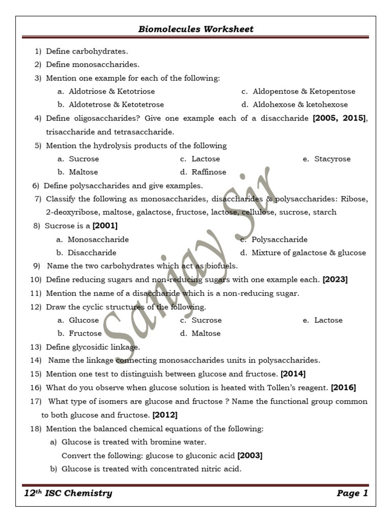 Biomolecules Worksheet - NPS | PDF