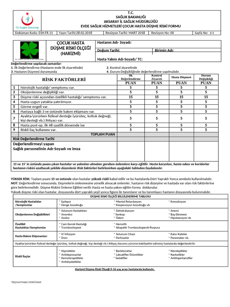 Eshfr11 Cocuk Hasta Dusme Riski Formudocx | PDF