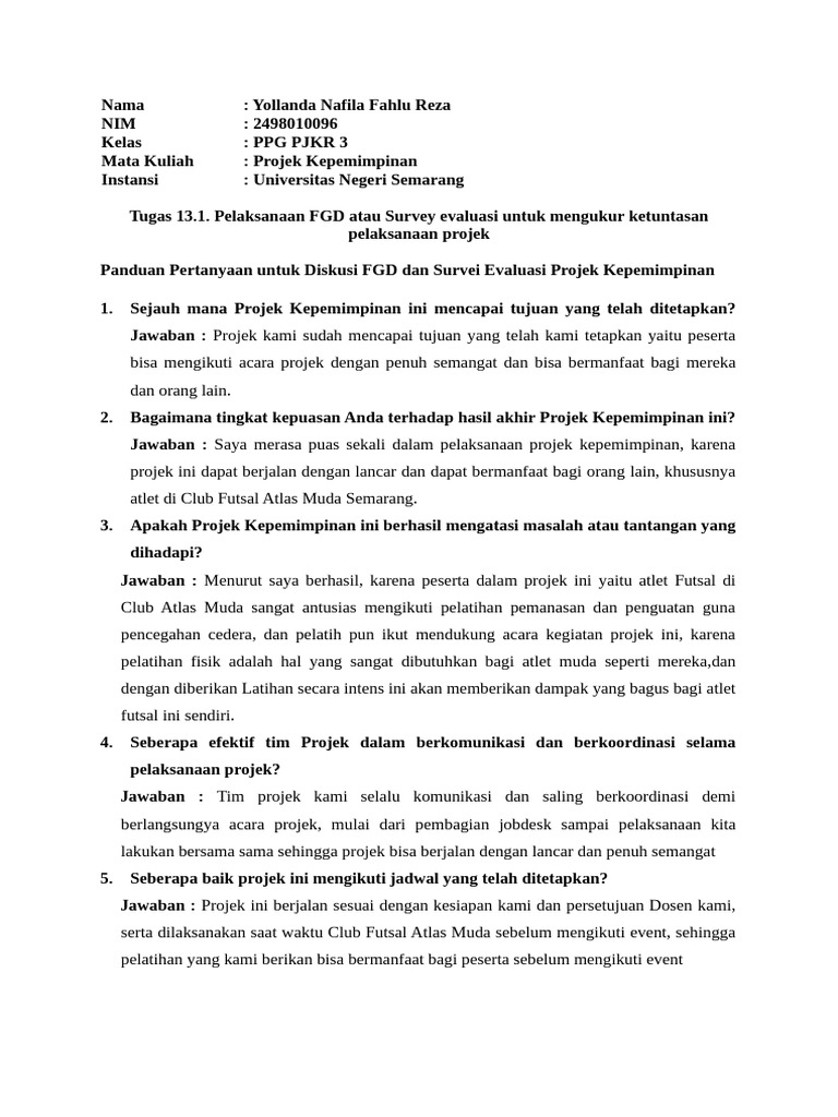 Tugas 13.1. Pelaksanaan FGD Atau Survey Evaluasi Untuk Mengukur ...