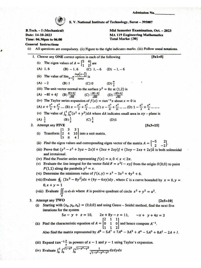 Maths Mid Semester Paper | PDF
