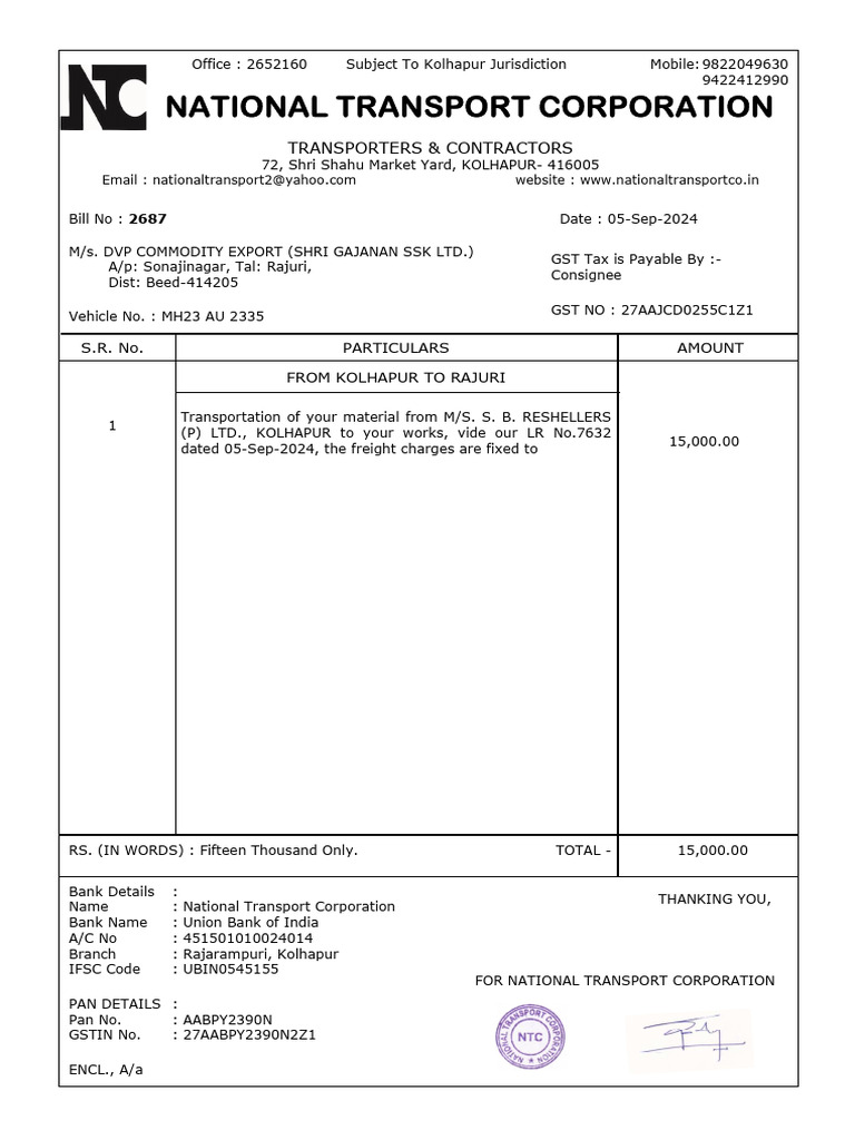 2687-NTC Bill-SBR To Gajanan Ssk-5-Sep-24 | PDF