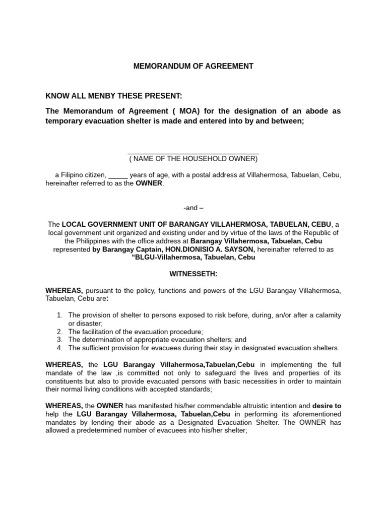 Memorandum of Agreement-Evacuation House | PDF