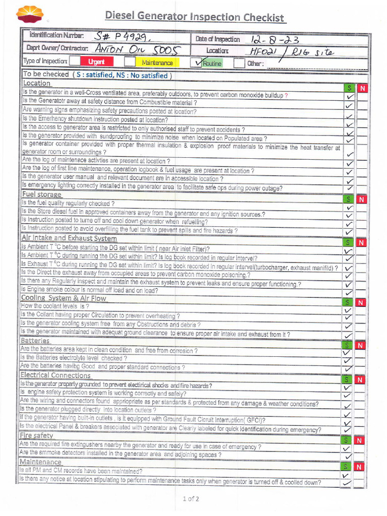 At-Diesel Generator Inspection Checklist | PDF