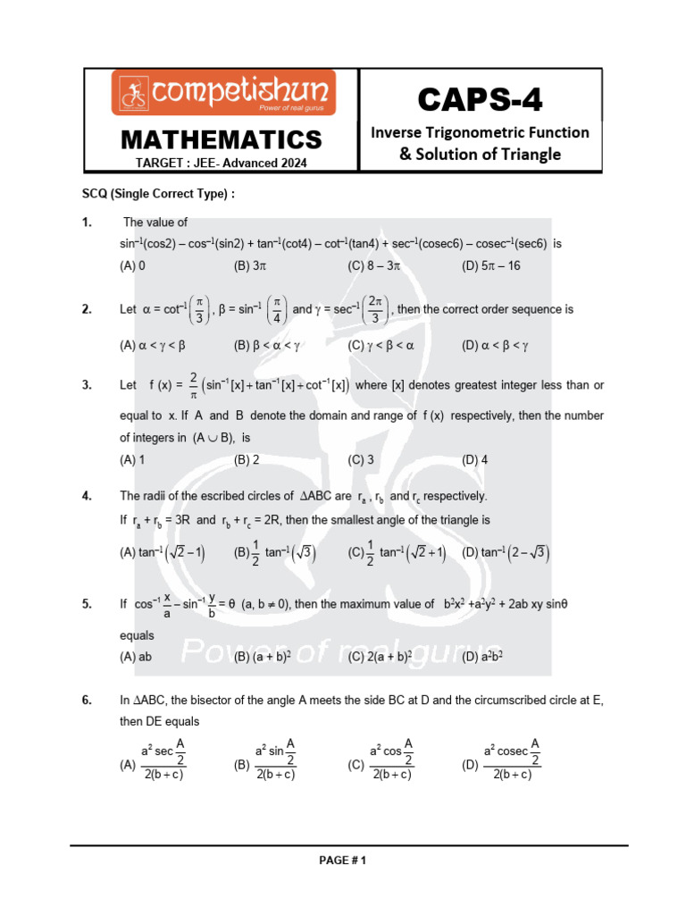 DPP - 4 Inverse Trigonometric Function & Solution of Triangle | PDF
