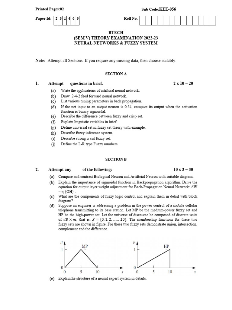 Btech Ee 5 Sem Neural Networks Fuzzy System Kee056 2023 Pdf Fuzzy Logic Computer Science