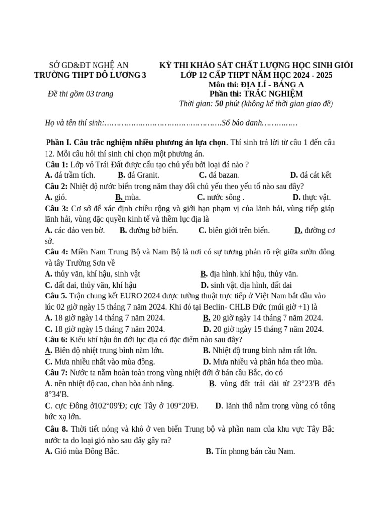 Đề Hsg 12 Địa Lí Các Trường 2024-2025 | PDF