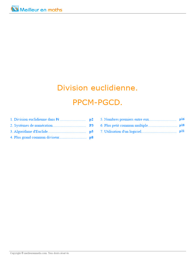 Arithmetique Division Euclidienne PPCM PGCD Cours 2 | PDF