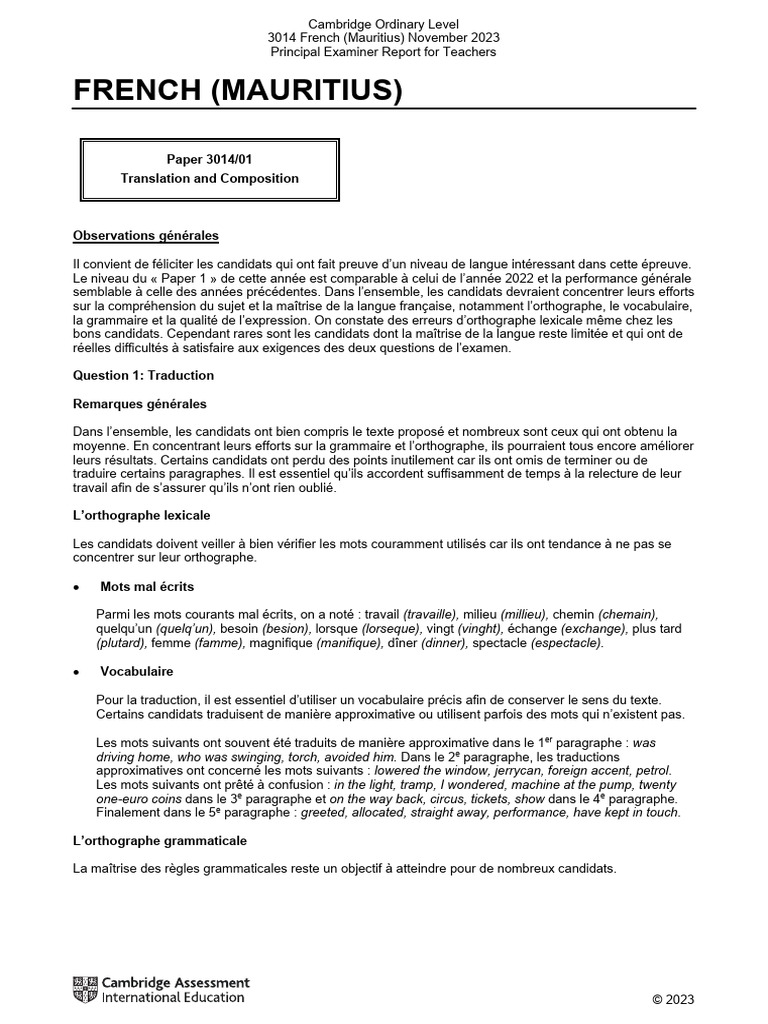 French (Mauritius) : Paper 3014/01 Translation and Composition | PDF
