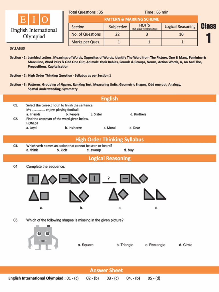 EIO Class 1 Sample Paper | PDF