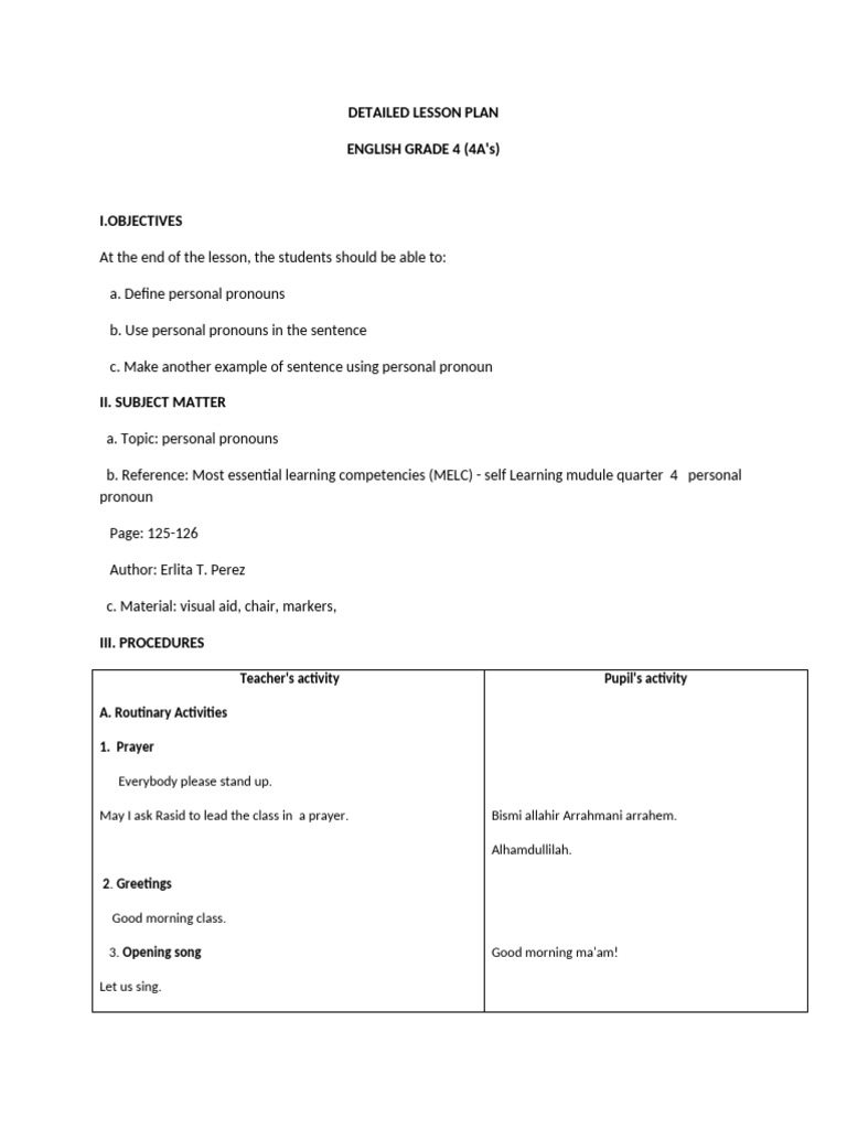 4s Lesson Plan For Grade 4 English Grammar | PDF
