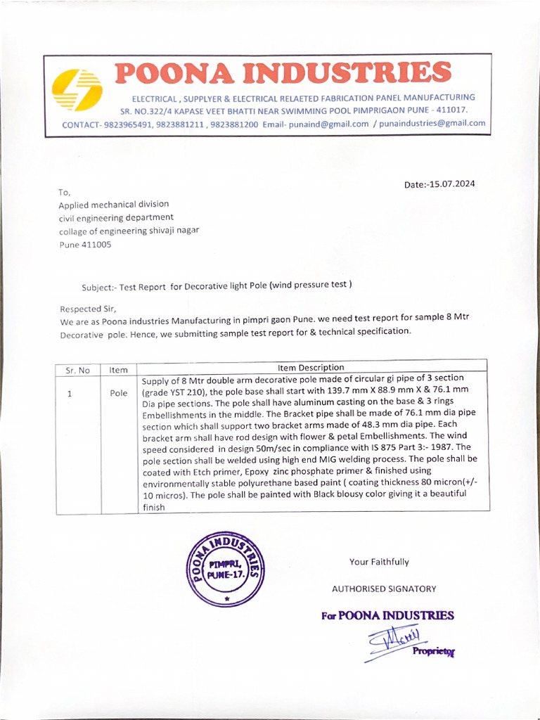 Decorative Pole Testing Lattar | PDF