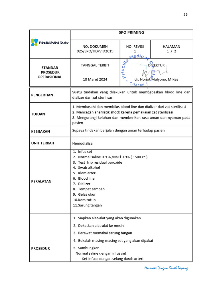 025 Spo Penatalaksanaa Priming Alat Dialisis | PDF