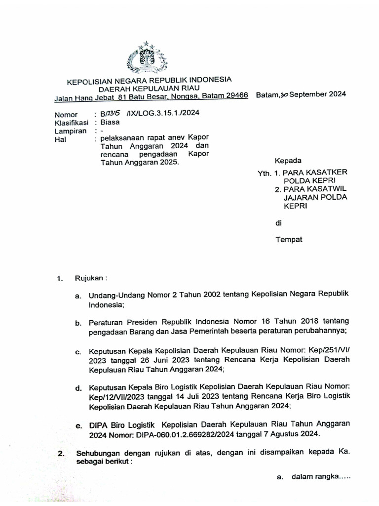 Surat Pelaksanaan Rapat Anev Kapor Ta 2024 Dan Rencana Pengadaan Kapor Ta 2025 | PDF