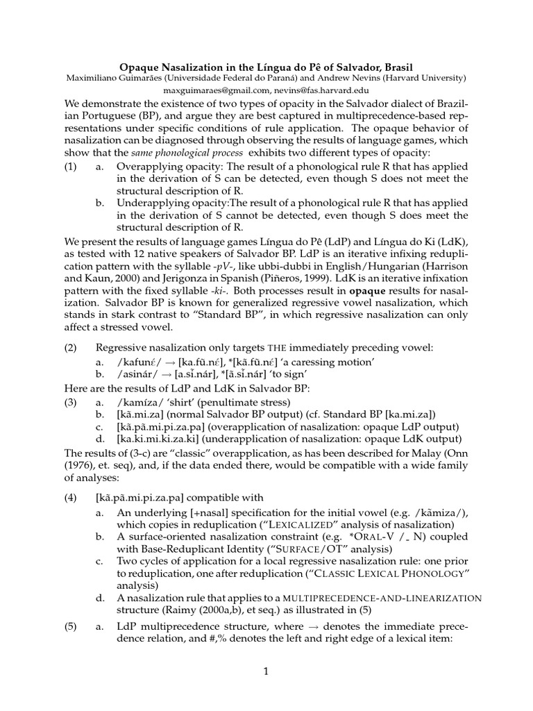 Guimaraes - Opaque Nasalization in the L ́ıngua do Pe of Salvador | PDF