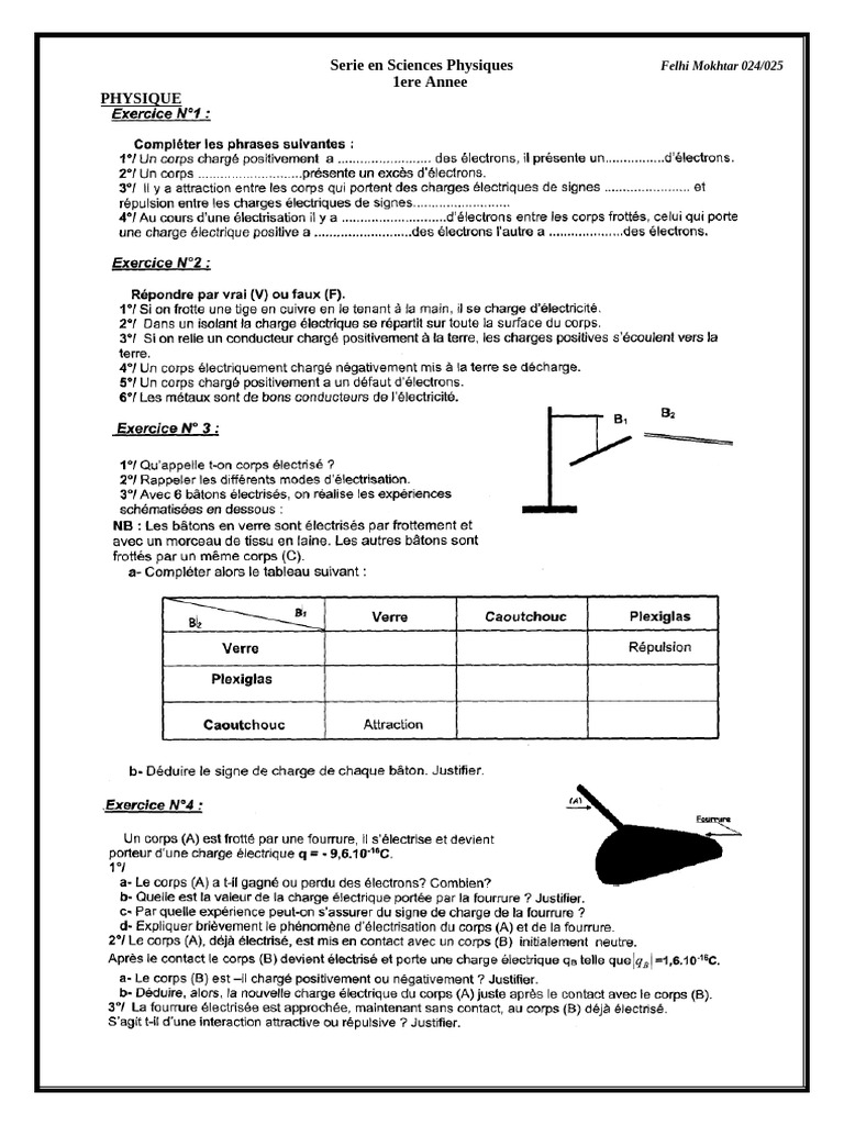 Serie en Sciences Physiques 1ere Annee Physique: Felhi Mokhtar 024/025 | PDF