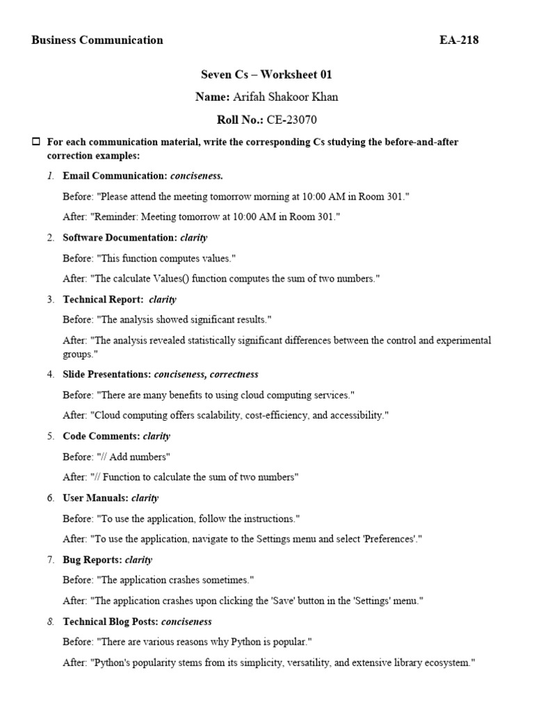 seven Cs worksheet 1 - CE-23070 | PDF