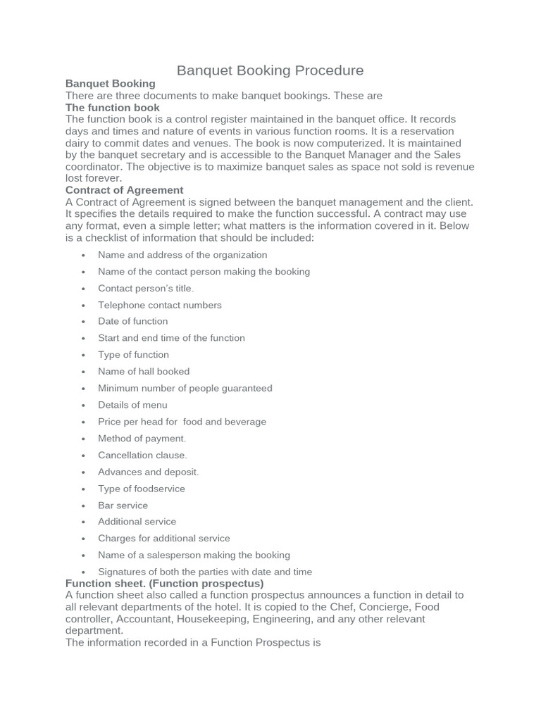 Banquet Booking Procedures | PDF
