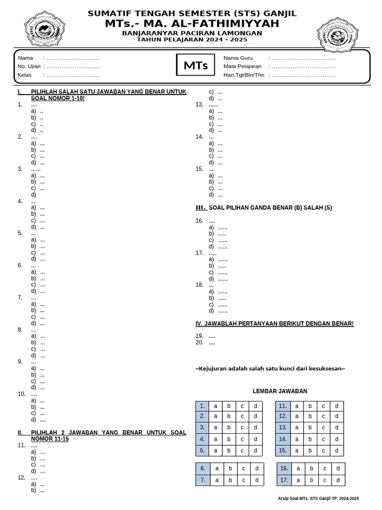Format STS Ganjil MTs 24-25 Baru | PDF