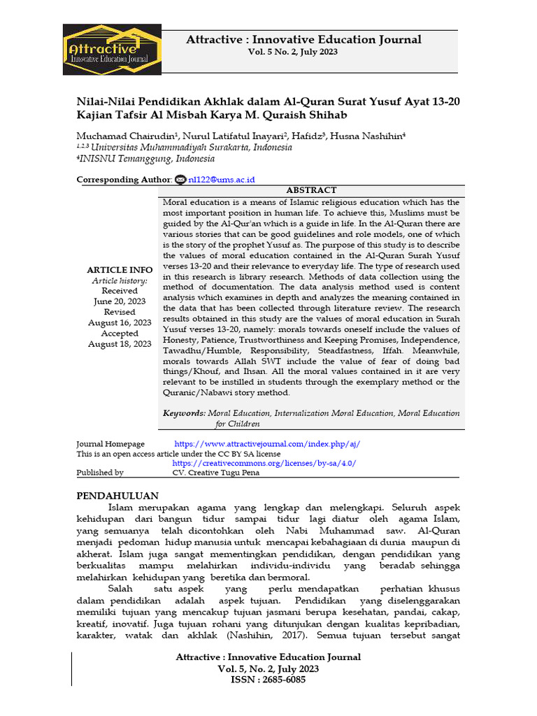 Nilai-Nilai Pendidikan Akhlak Dalam Al-Qur'an Surah Yusuf Ayat 13-20 Kajian Tafsir Al Misbah ...