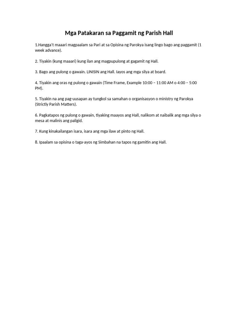 Mga Patakaran Sa Paggamit NG Parish Hall | PDF