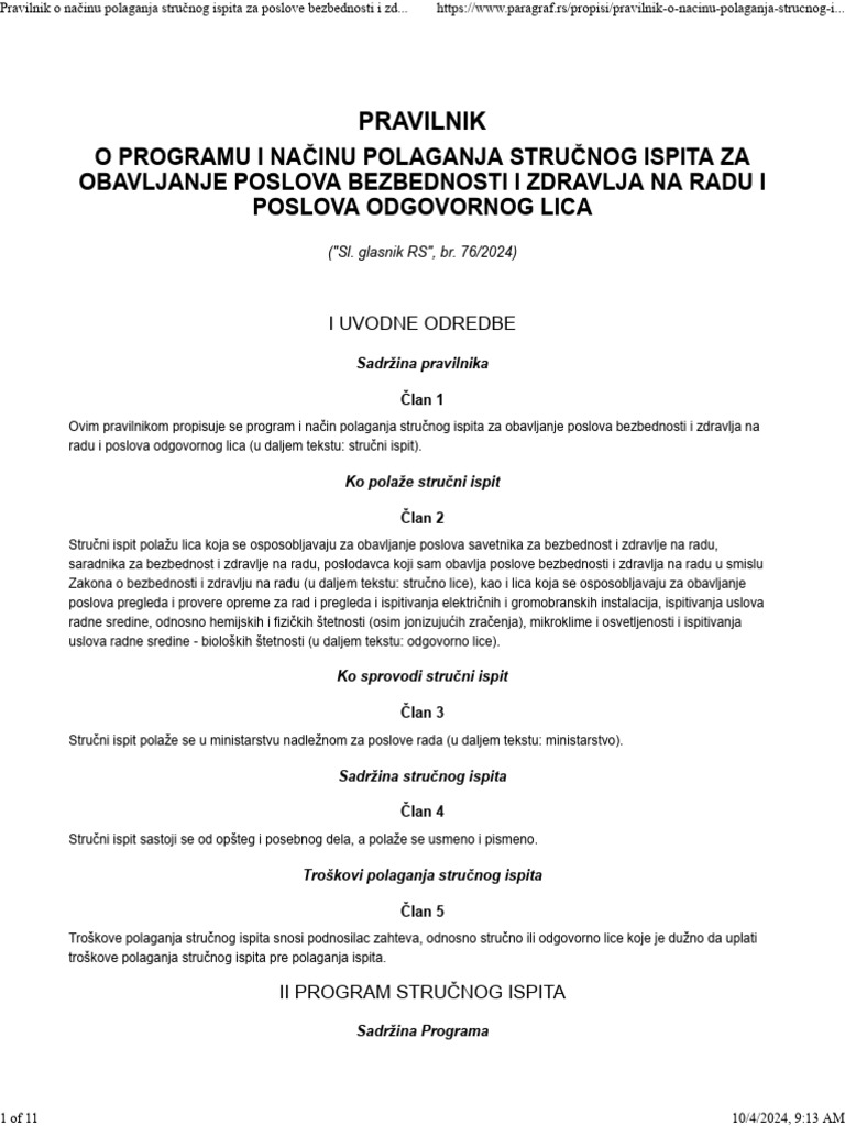 Pravilnik o Načinu Polaganja Stručnog Ispita Za Poslove Bezbednosti I Zdravlja Na Radu | PDF