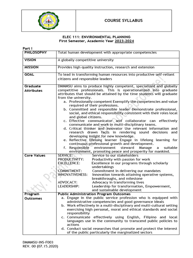 2023 Syllabus Environmental Planning | PDF