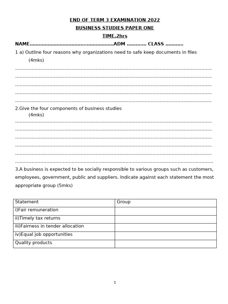 BST Form 3 PP 1 Q | PDF