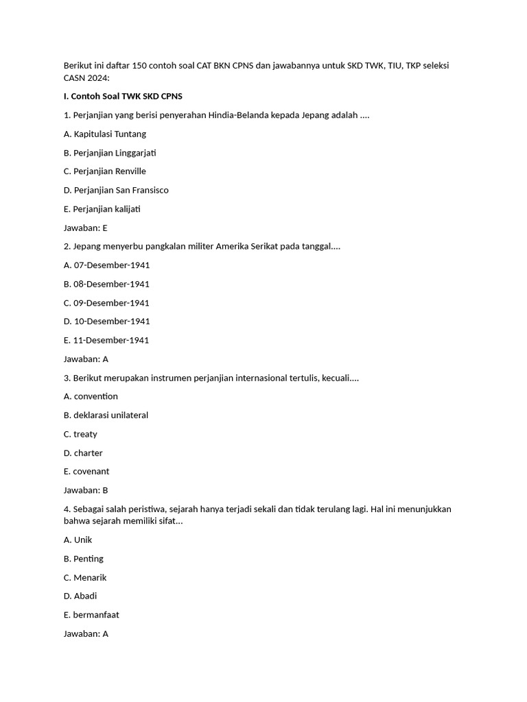 Berikut Ini Daftar 150 Contoh Soal CAT BKN CPNS Dan Jawabannya Untuk SKD TWK | PDF