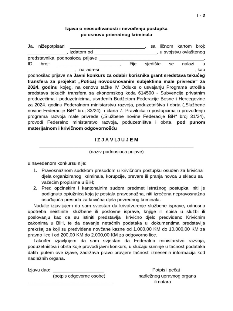 Izjava o Neosudivanosti I Nevodenju Postupka I 2 7 | PDF